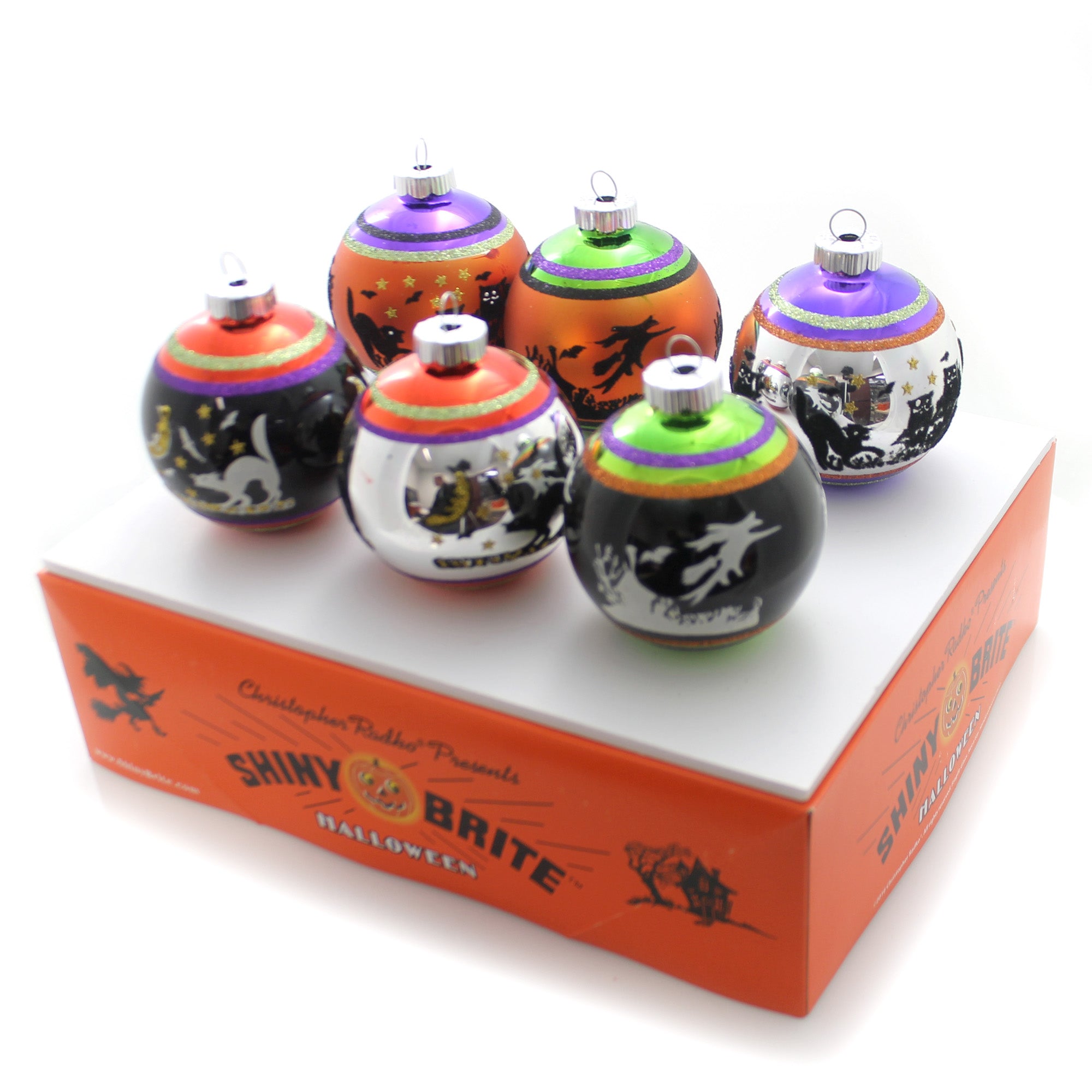 Shiny Brite 3.25 Halloween Flocked Rounds Ornament Signature Cats Witch ...