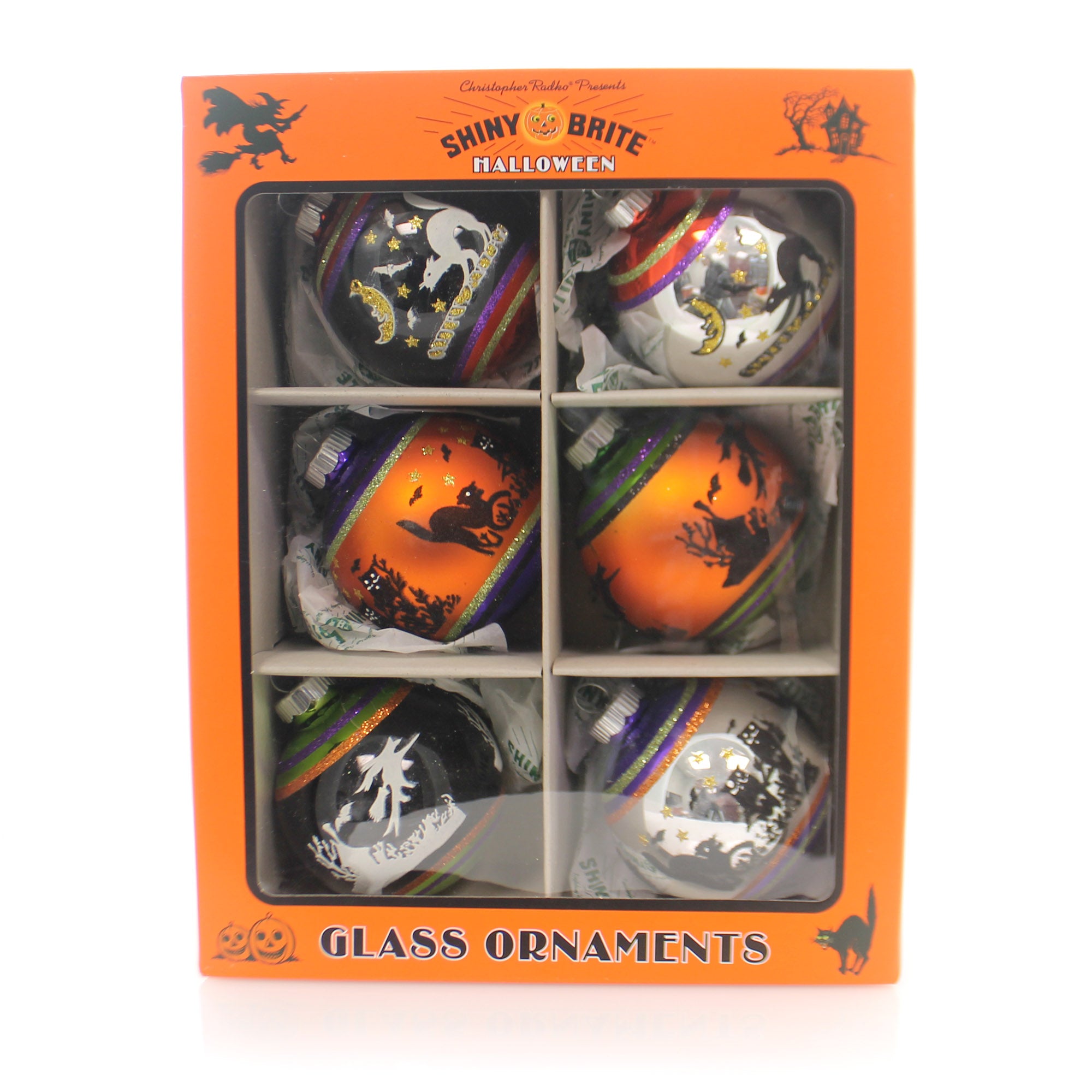 Shiny Brite 3.25 Halloween Flocked Rounds Ornament Signature Cats Witch ...