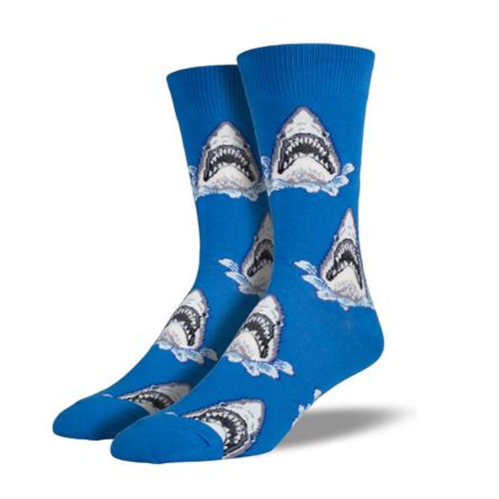 Shark Attack Blue - One Pair Socks 16 Inch, Cotton - Cotton Crew Fish ...