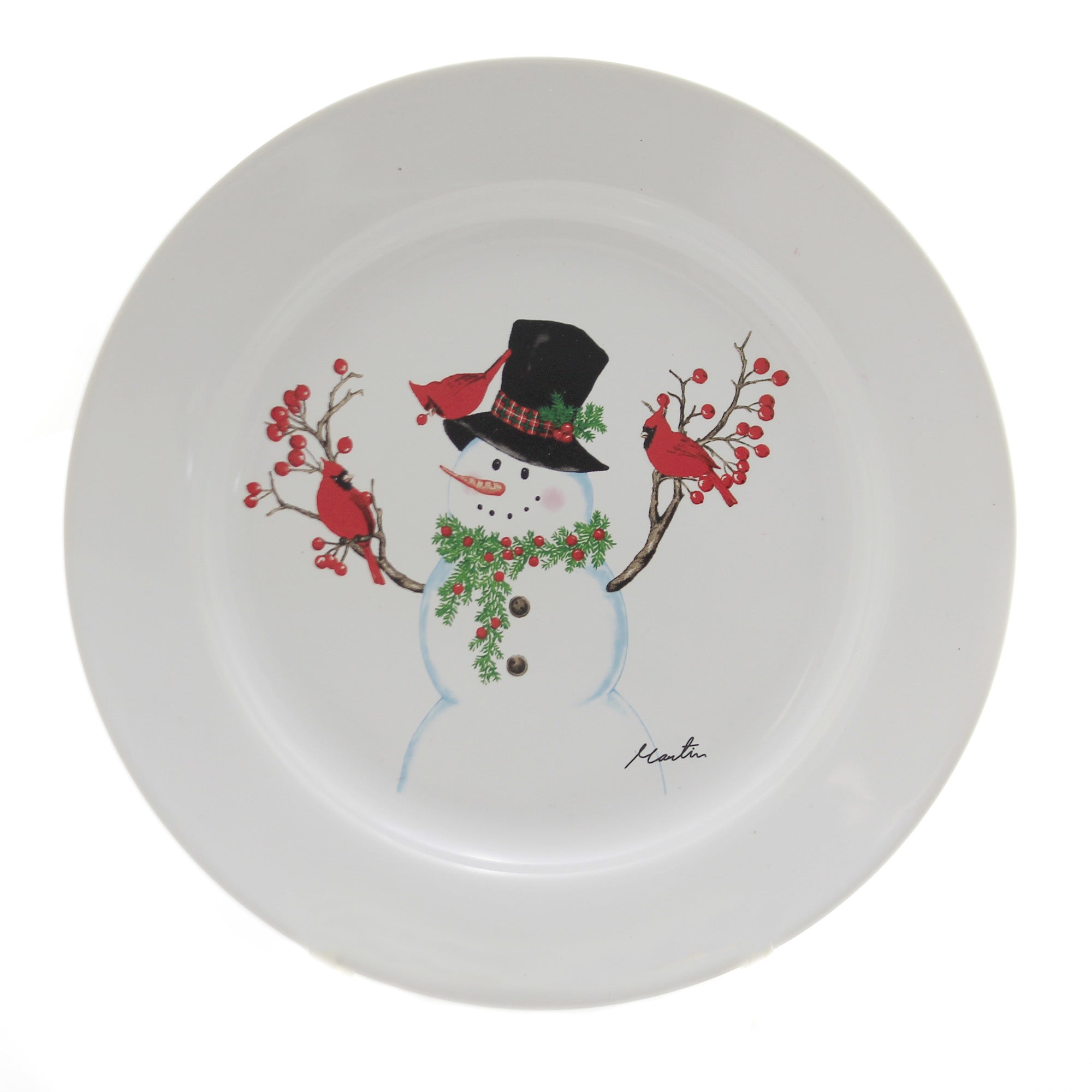Tabletop Snowman Plate. Stoneware Cardinal Tophat | SBKGifts.com