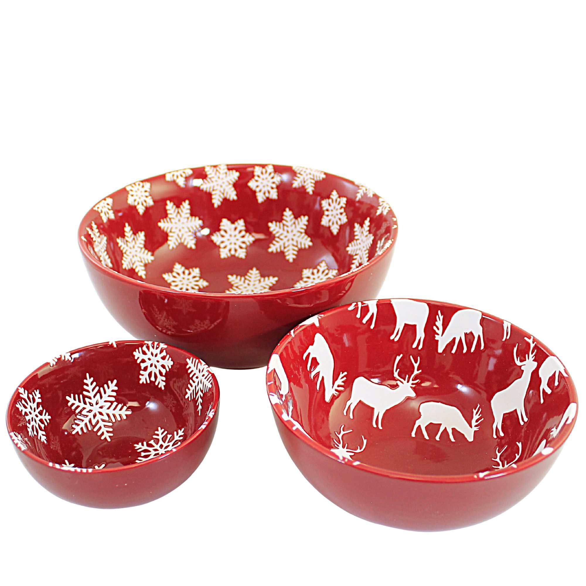 Tabletop Snowflake/Deer Bowl Set Stoneware Set Of Three Christmas ...