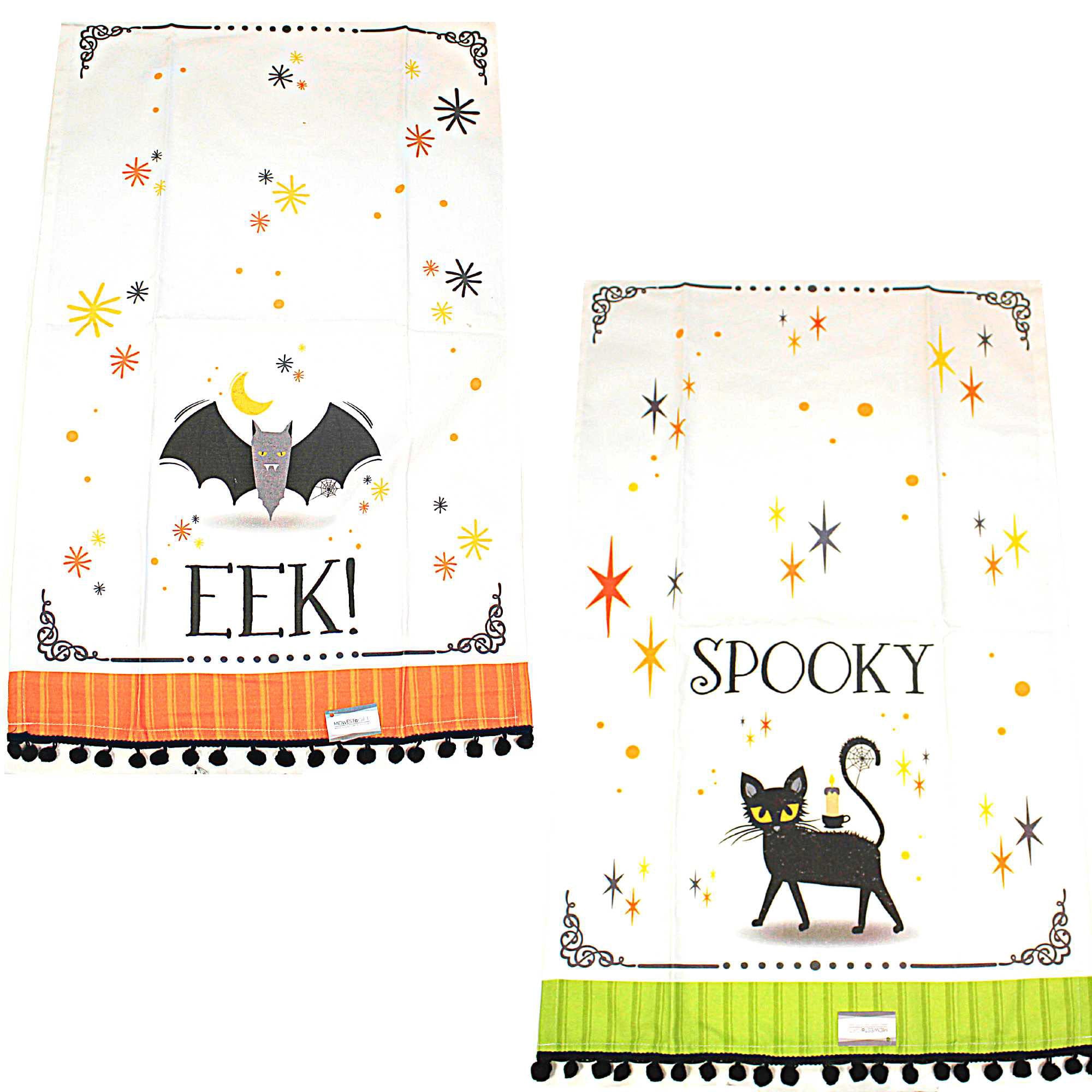 Ganz Halloween Tea Towels With Pompom Fringe - Two Towels 28 Inch ...