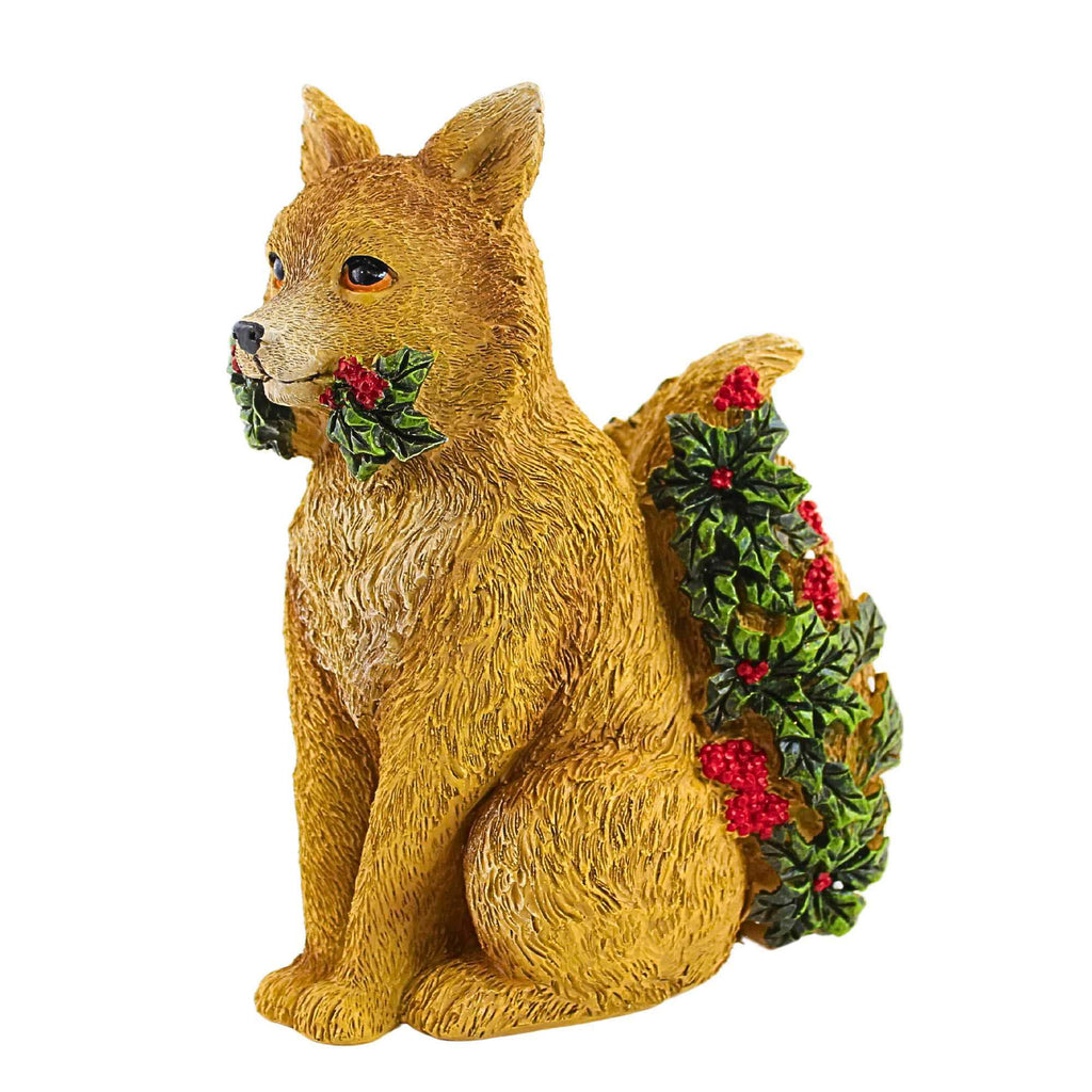 Roman 9.25In Fox With Holly Garland Figurine, Polyresin, Wood-Look ...